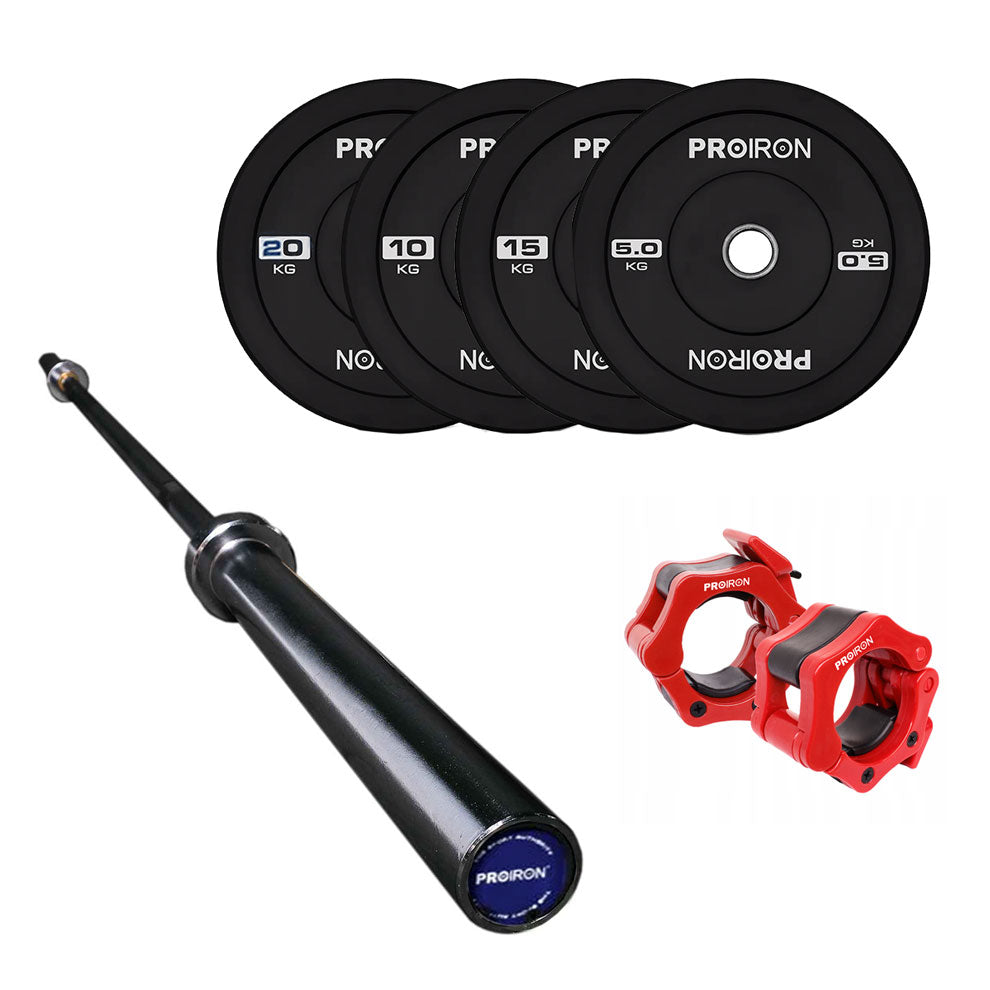 Set Barra Olímpica PRO + 100KG de Discos Bumpers Negros | PROIRON Peru®️